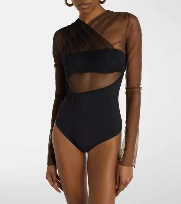 NENSI DOJAKA Cutout Ruched Sheer Bodysuit - Black