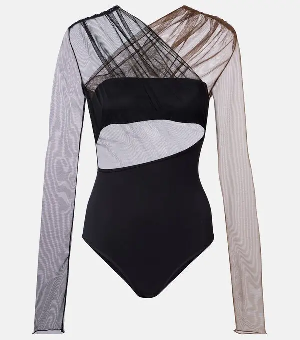 NENSI DOJAKA Cutout Ruched Sheer Bodysuit - Black