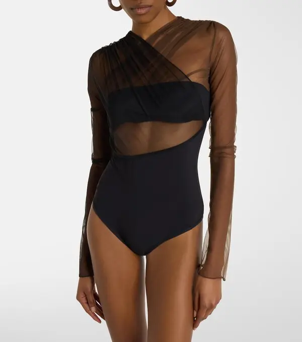 NENSI DOJAKA Cutout Ruched Sheer Bodysuit - Black