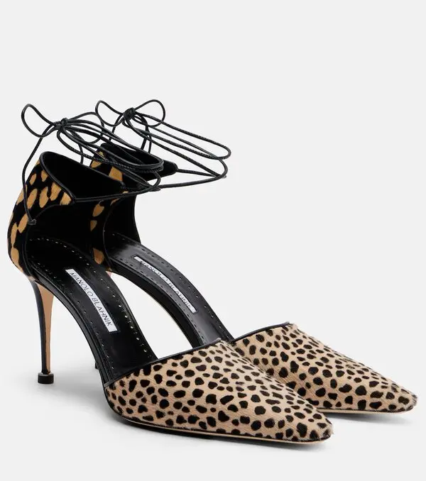 Manolo Blahnik Printed Calf Hair Lace-up Pumps - Black