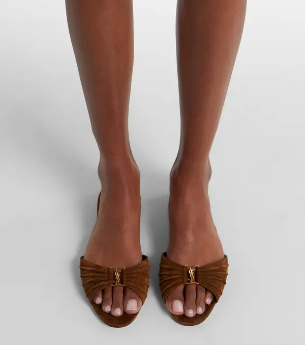 Saint Laurent Cassandre Suede Slides - Brown