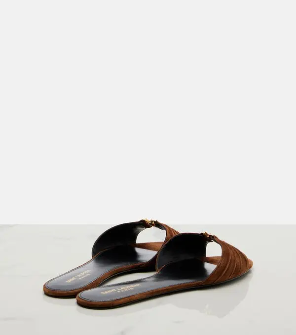 Saint Laurent Cassandre Suede Slides - Brown