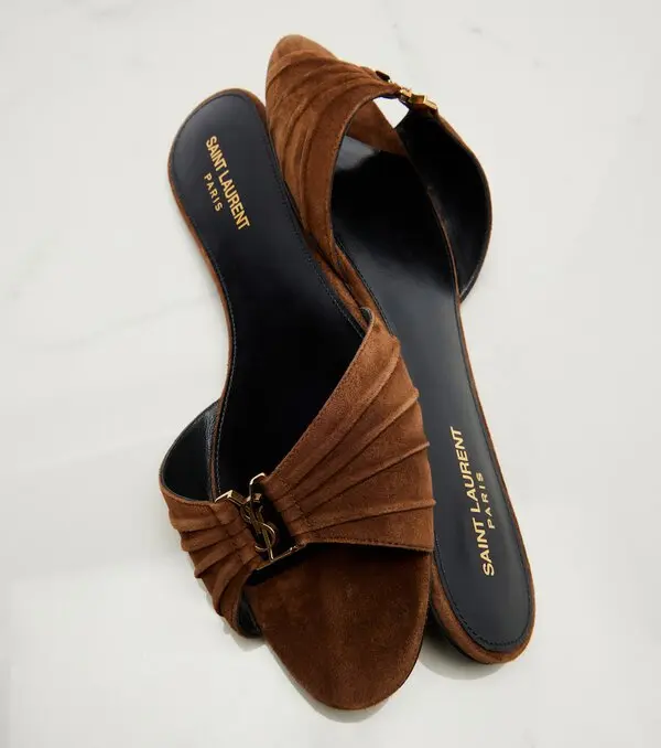 Saint Laurent Cassandre Suede Slides - Brown
