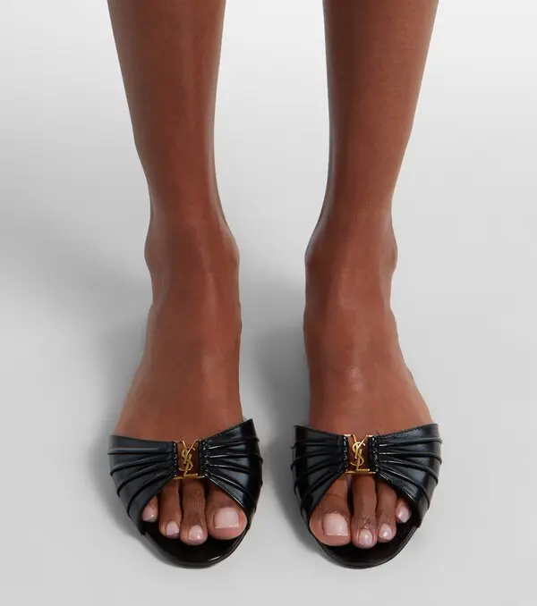 Saint Laurent Cassandre Leather Slides - Black