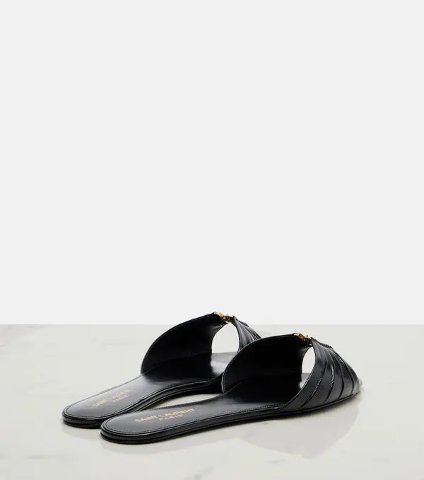 Saint Laurent Cassandre Leather Slides - Black