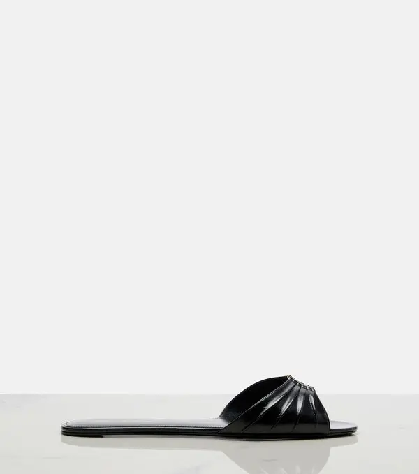 Saint Laurent Cassandre Leather Slides - Black