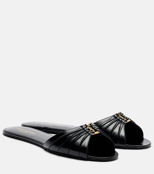 Saint Laurent Cassandre Leather Slides - Black