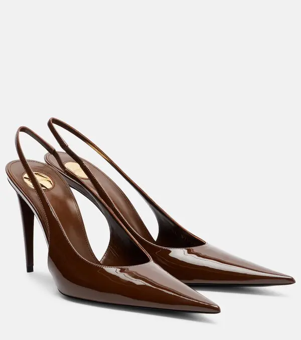Saint Laurent Guermantes Patent Leather Slingback Pumps - Brown