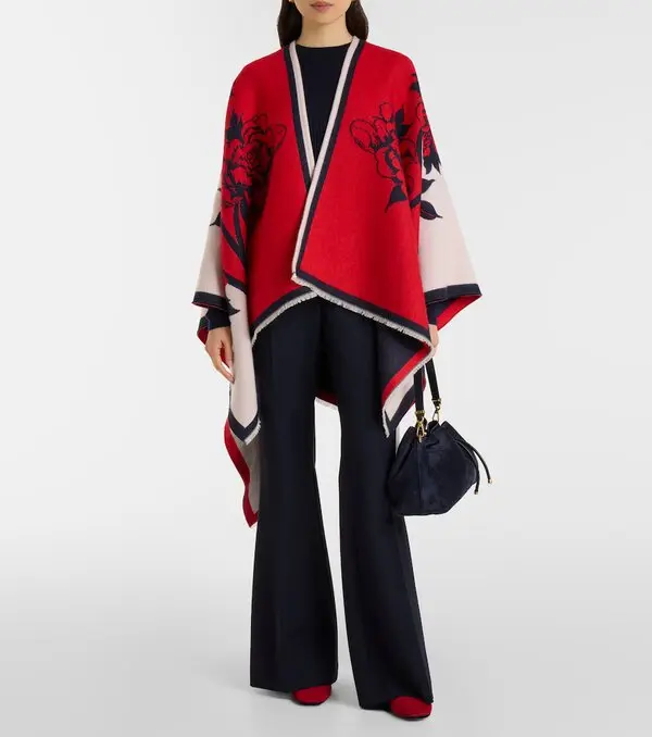 La DoubleJ Soul Floral Wool And Silk Poncho - Red