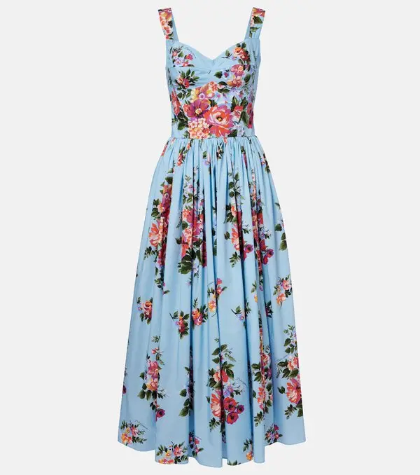 Dolce & Gabbana Floral Cotton Bustier Midi Dress - Blue