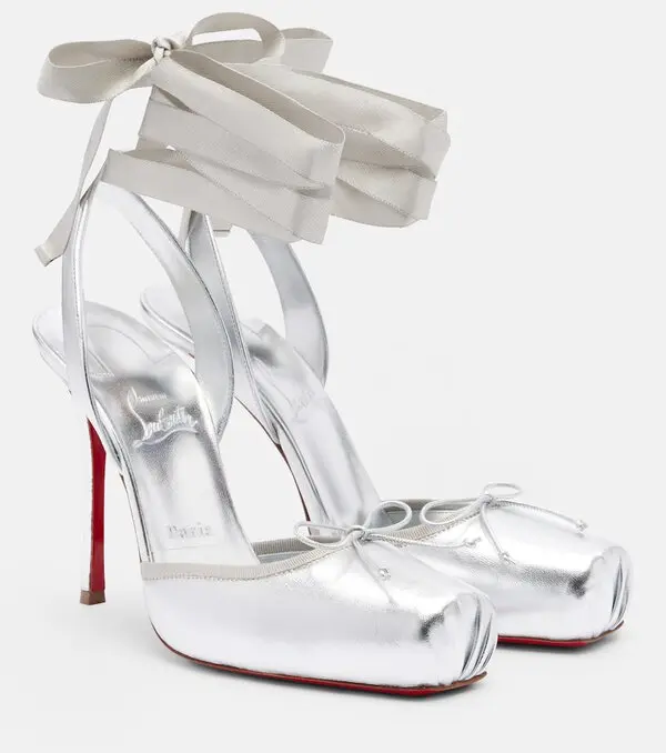 CHRISTIAN LOUBOUTIN Cassia 100 Metallic Leather Slingback Pumps - Silver