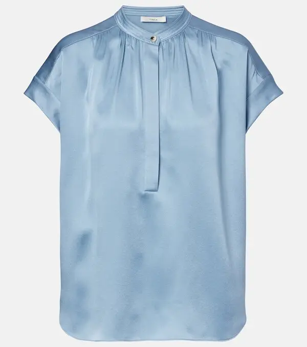 Vince Gathered Silk Satin Blouse - Blue