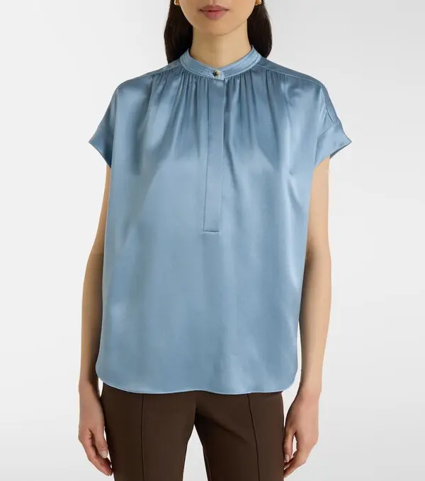 Vince Gathered Silk Satin Blouse - Blue