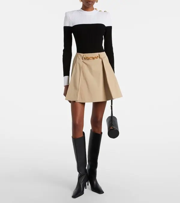 Balmain Pleated Cotton Gabardine Miniskirt - Beige