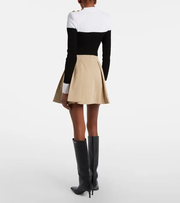 Balmain Pleated Cotton Gabardine Miniskirt - Beige