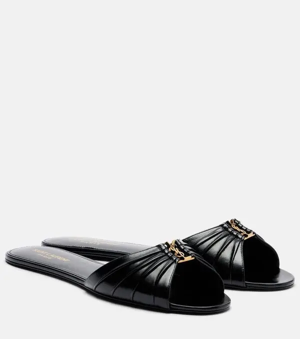 Saint Laurent Cassandre Leather Slides - Black