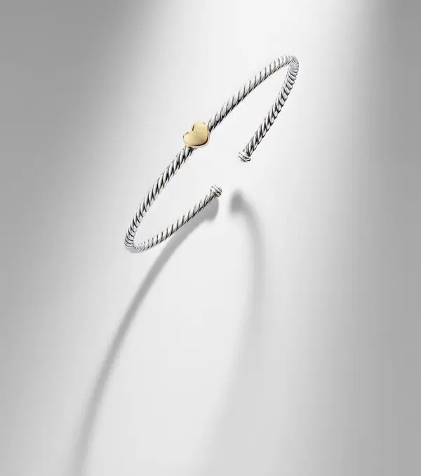 David Yurman 14kt Gold And Sterling Micro Cable Flex Heart Station Bracelet