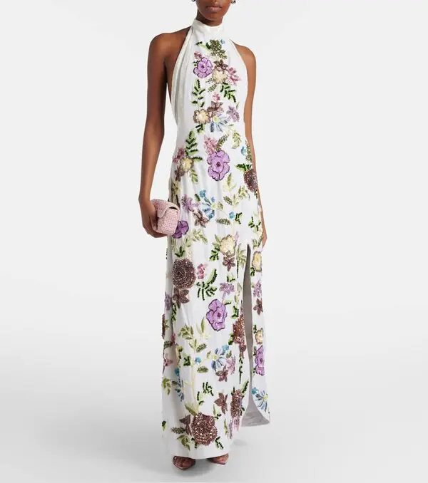 LA FUORI Luminous Flounce Embellished Floral Gown