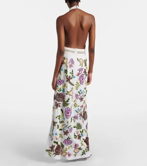 LA FUORI Luminous Flounce Embellished Floral Gown