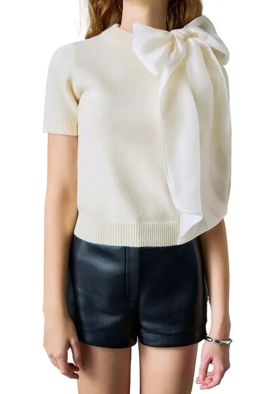English Factory Bow Accent Short Sleeve Sweater