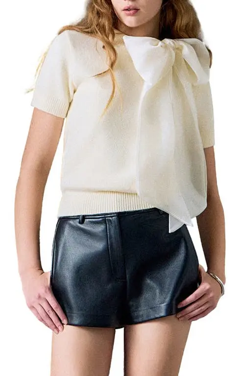 English Factory Bow Accent Short Sleeve Sweater - Cream
