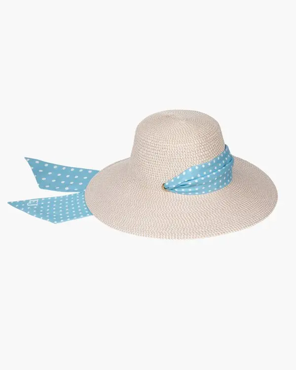 Eric Javits Twilly Billy Sun Hat With Twilly Scarf Tie Upf 50+, Blocks 98% Uva/uvb Rays - Cream/aqua Dot