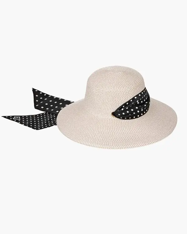 Eric Javits Twilly Billy Sun Hat With Twilly Scarf Tie Upf 50+, Blocks 98% Uva/uvb Rays - Cream/black Dot