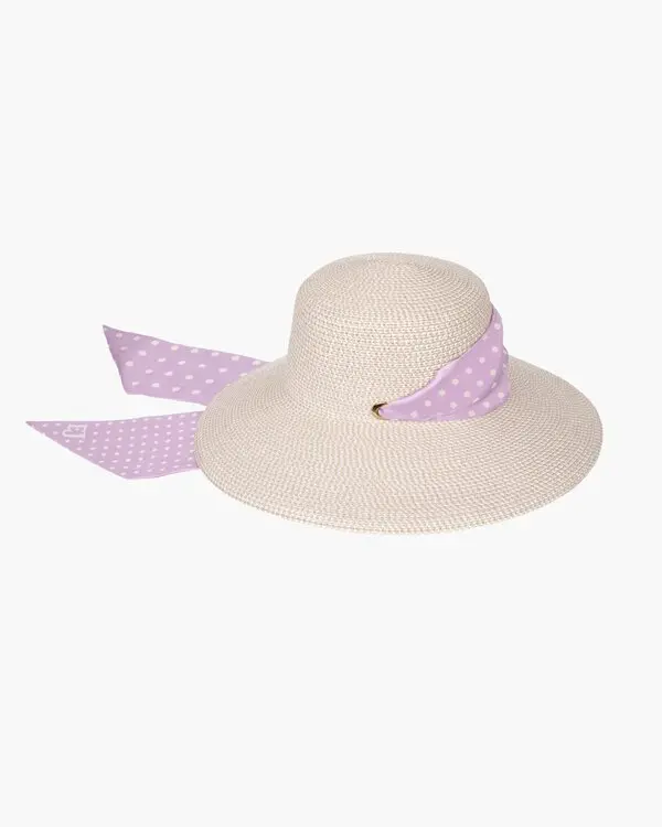 Eric Javits Twilly Billy Sun Hat With Twilly Scarf Tie Upf 50+, Blocks 98% Uva/uvb Rays - Cream/orchid Dot
