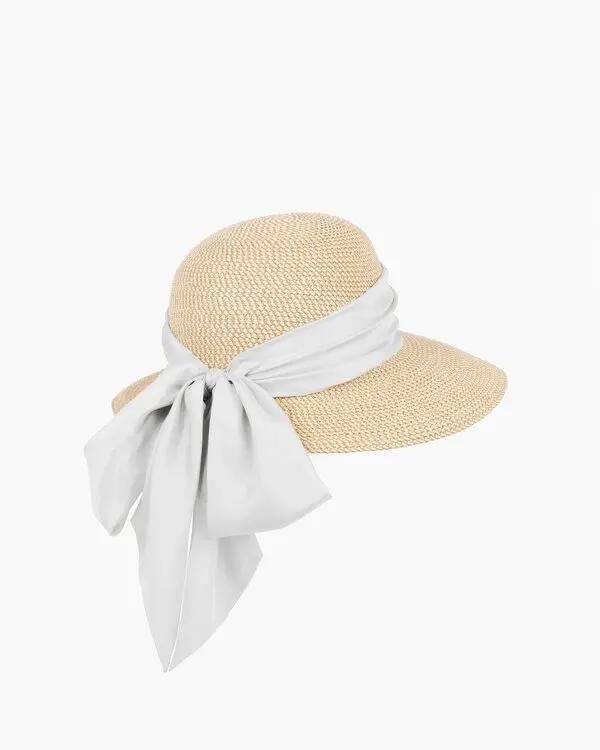 Eric Javits Loulou Raffia Straw Sun Hat With Silk Drape And Bow - Peanut White
