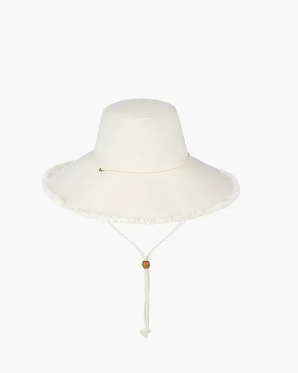 Eric Javits Canvas Sun Hat With Fringed Edge And Chin Strap - Soft Cream