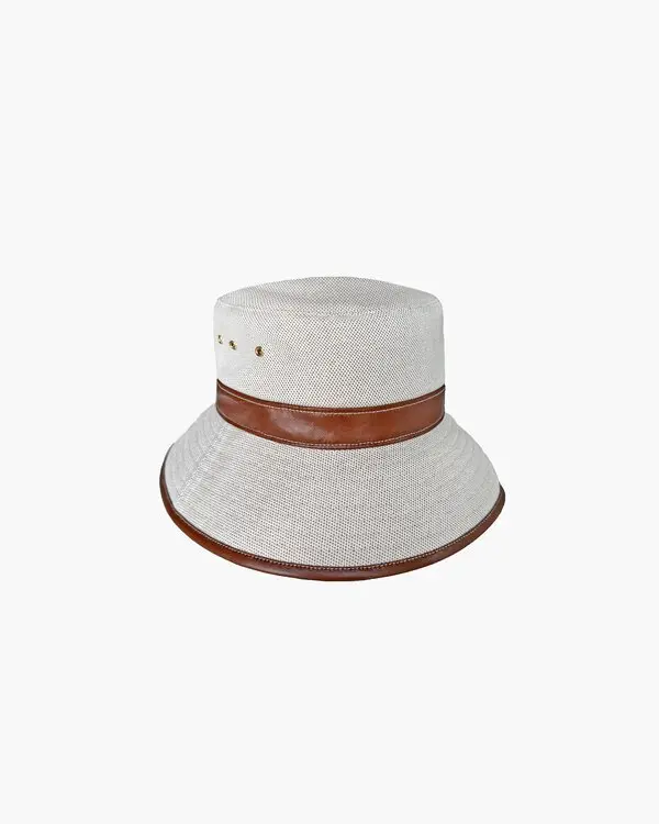 Eric Javits Canvas Bucket Hat With Napa Leather Trim - Oatmeal Saddle