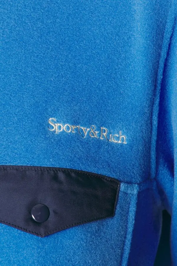 SPORTY & RICH Serif Logo Buttoned Polar Jacket - Azure & Light Navy