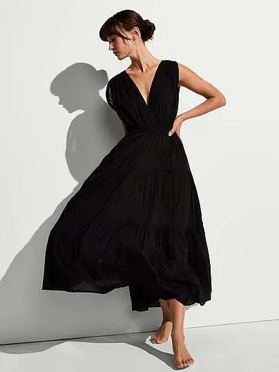 Victoria's Secret Swim Beachwear Plunge Tiered Maxi Dress - Black