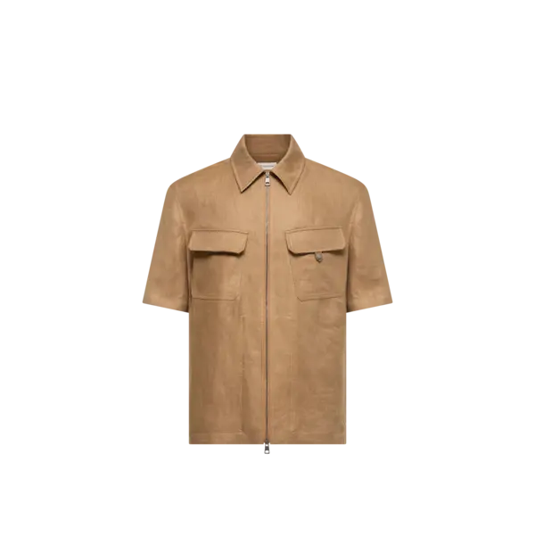 Moncler Linen Twill Short Sleeve Zip-up Shirt - Brown