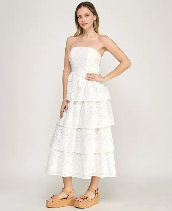 BEAUTY & GRACE Strapless Floral Eyelet Tiered Maxi Dress - White