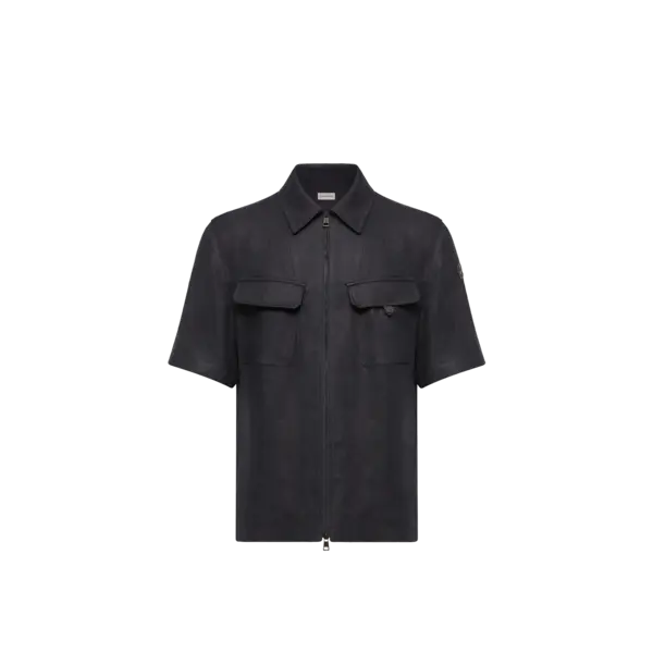 Moncler Linen Twill Short Sleeve Zip-up Shirt - Blue
