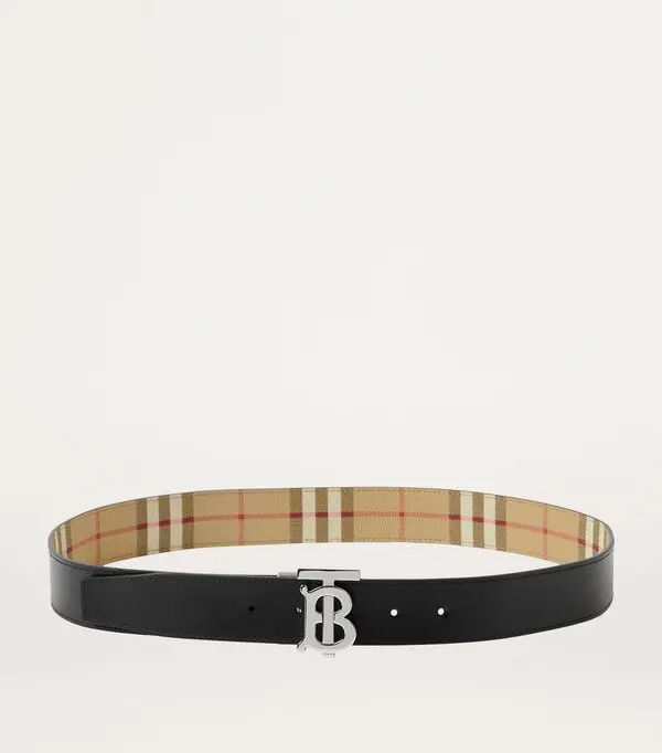 Burberry Leather And Check Reversible Tb Belt - Beige
