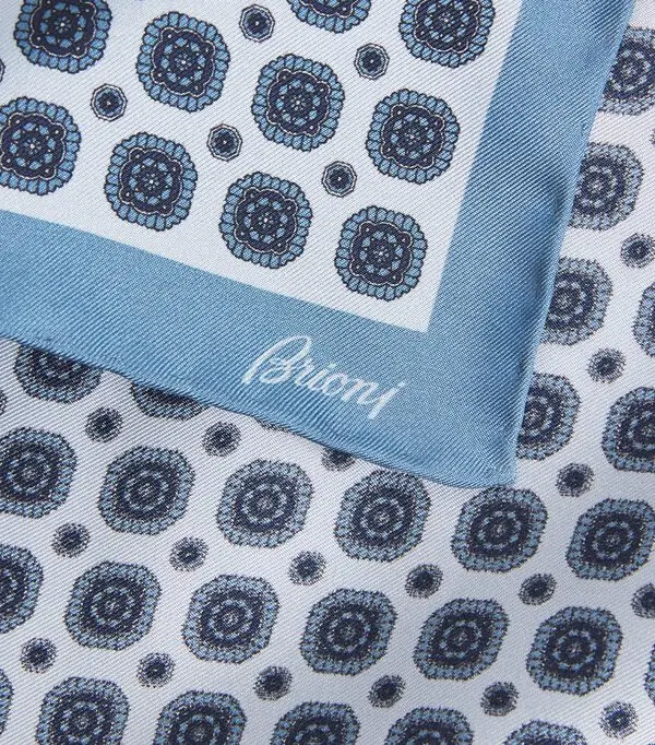 Brioni Silk Geometric Print Pocket Square - Blue