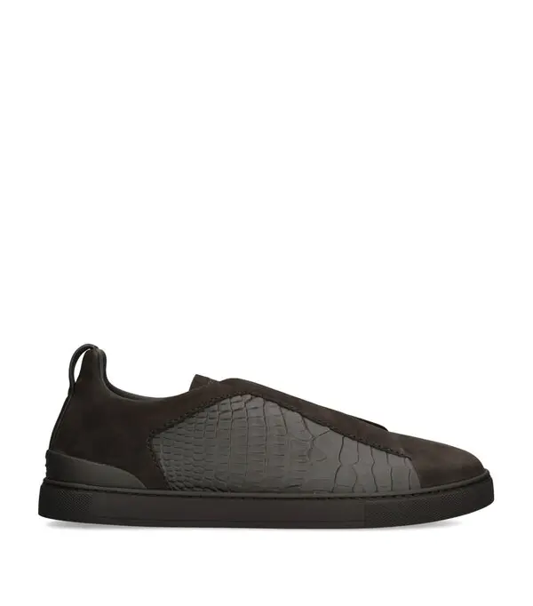 Zegna Crocodile Leather Triple Stitch Secondskin Sneakers - Brown