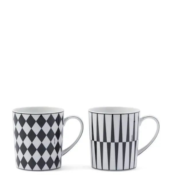 Prada Porcelain Checkerboard And Stripes Mugs - White