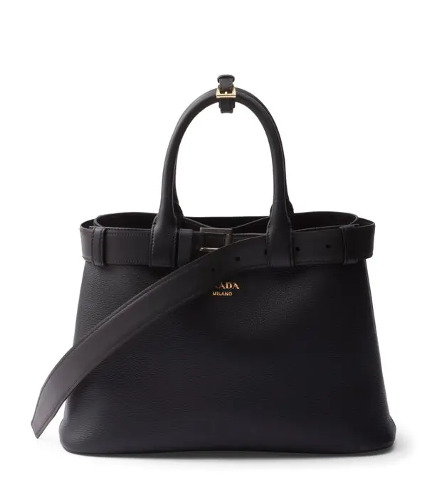 Prada Medium Leather Buckle Tote - Black