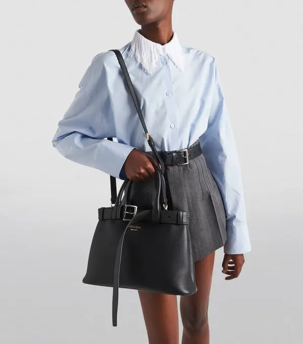 Prada Medium Leather Buckle Tote - Black