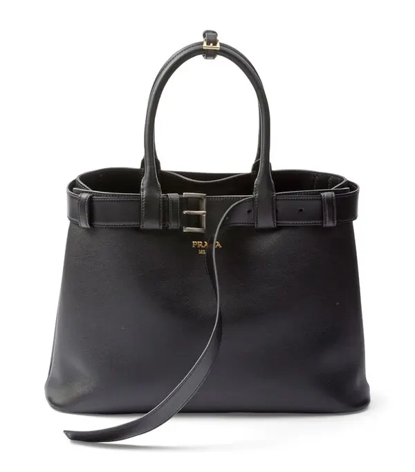 Prada Leather Buckle Tote Bag - Black