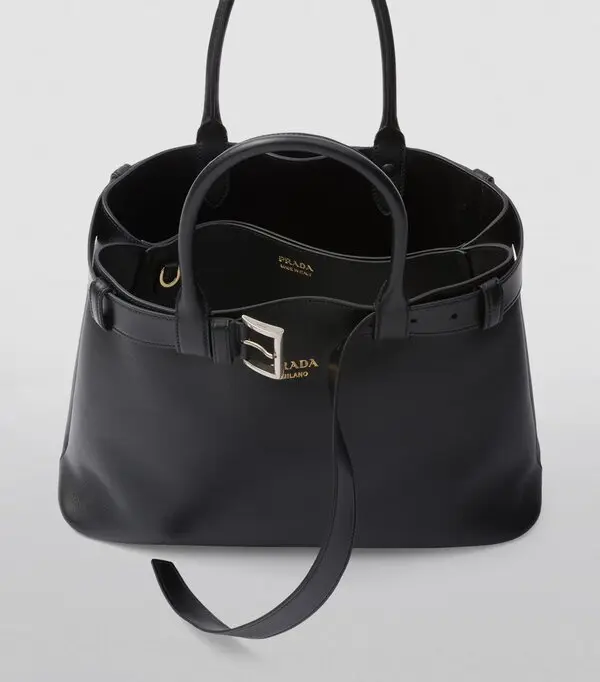 Prada Leather Buckle Tote Bag - Black