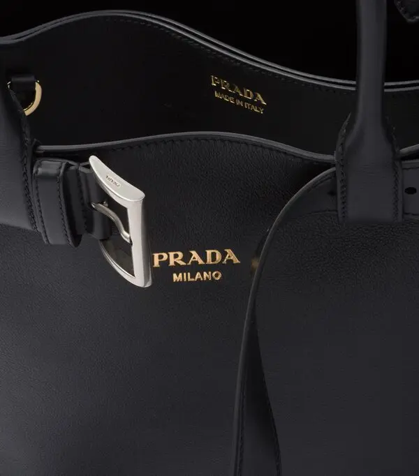 Prada Leather Buckle Tote Bag - Black