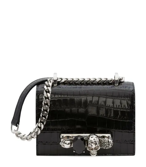 Alexander McQueen Leather Croc-embossed Jewelled Satchel - Black