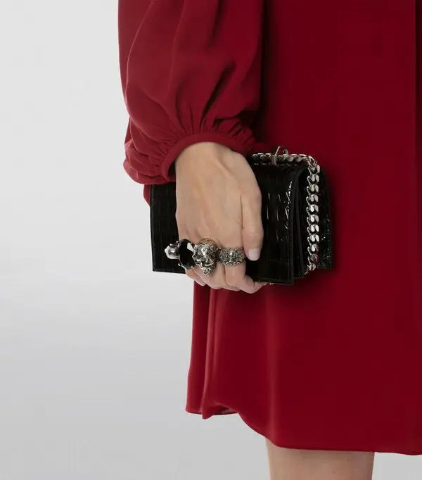 Alexander McQueen Leather Croc-embossed Jewelled Satchel - Black
