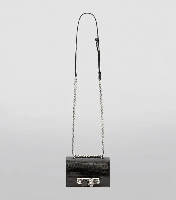 Alexander McQueen Leather Croc-embossed Jewelled Satchel - Black