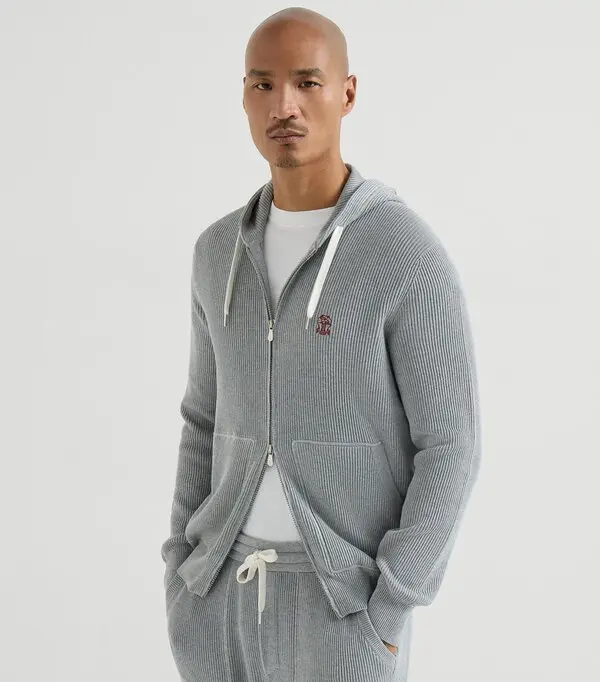 Brunello Cucinelli Cotton Ribbed Zip-up Hoodie - Grey