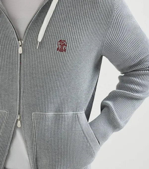 Brunello Cucinelli Cotton Ribbed Zip-up Hoodie - Grey